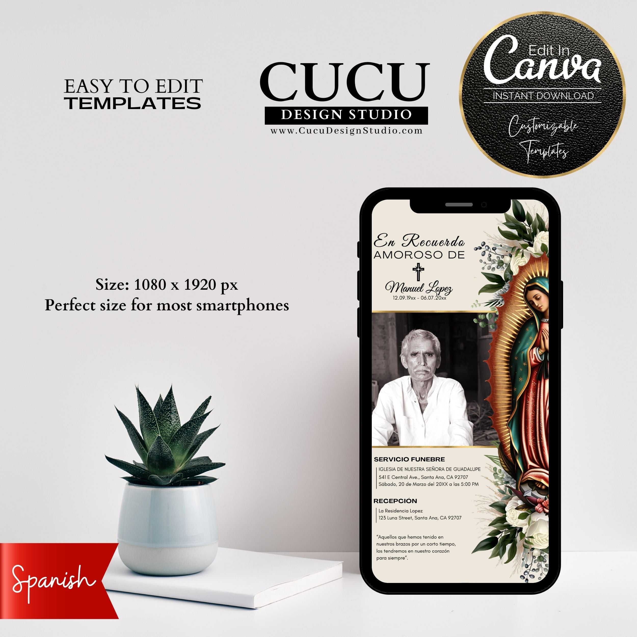 Spanish Catholic Virgin Mary Funeral Announcement Card Template for Sm ...