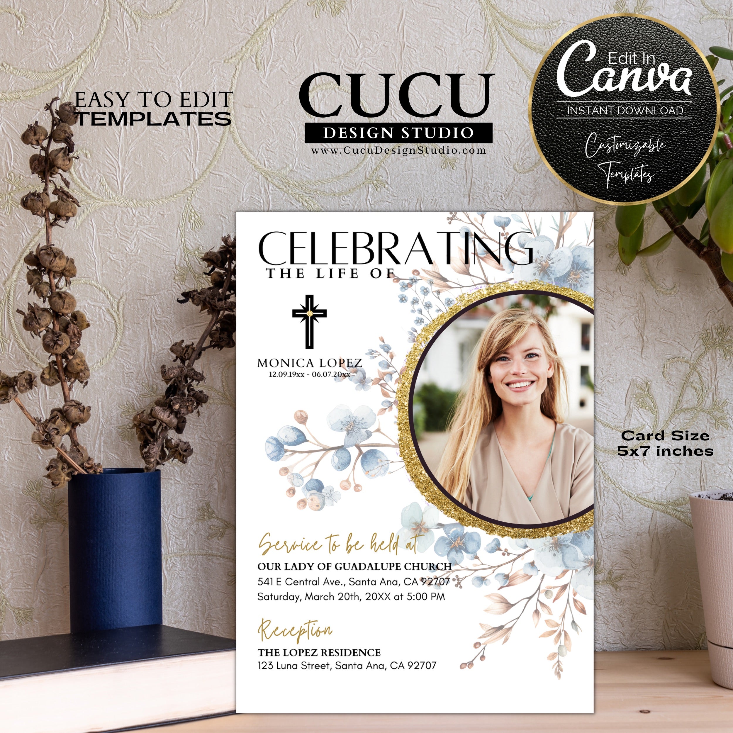 Funeral Service Announcement Card Template Gold White – Cucu Design Studio