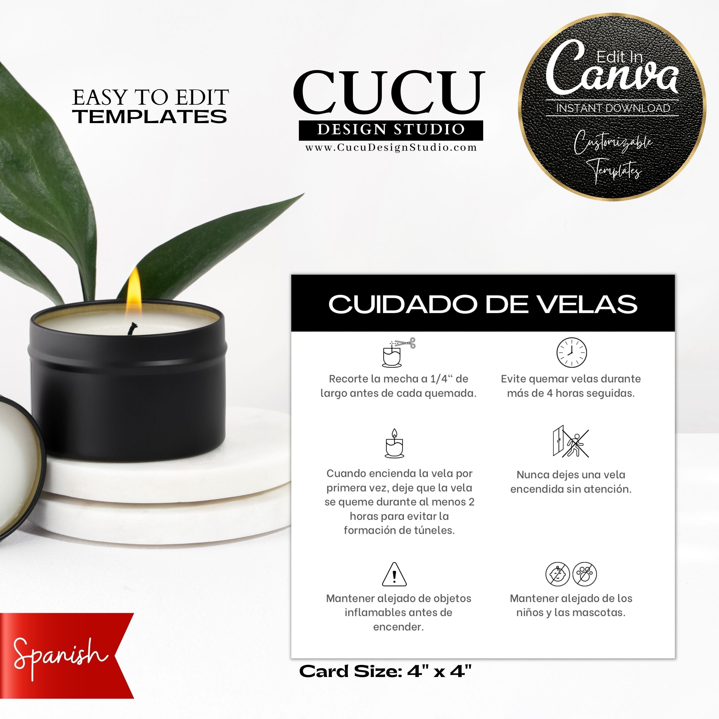 Spanish Minimalist Black White Candle Care Card Template – Cucu Design ...