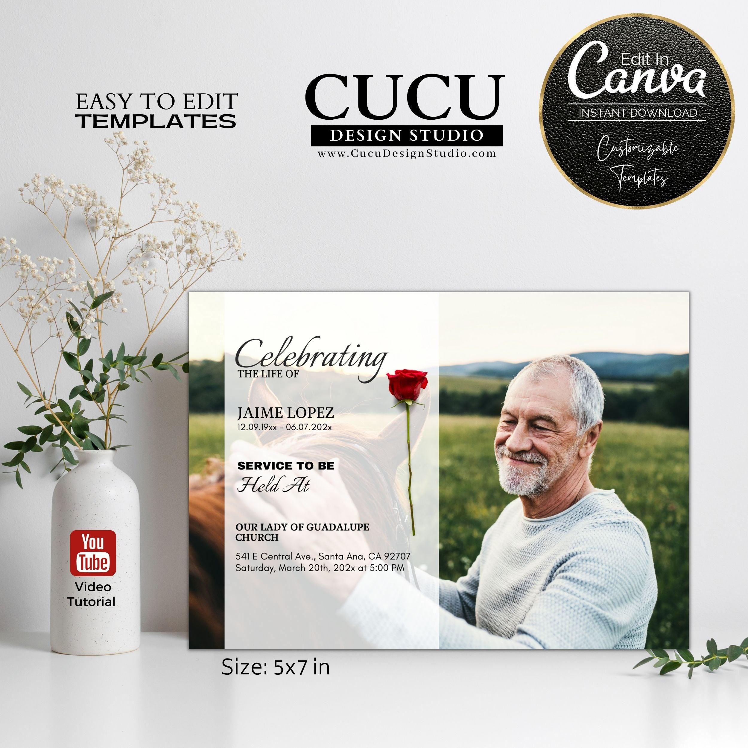 Single Red Rose Funeral Announcement Card Canva Template – Cucu Design ...